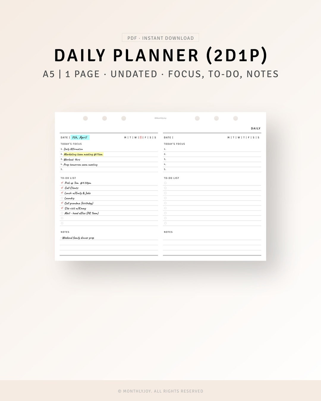 2 Days on 1 Page Printable A5 Discbound Inserts, Undated Daily Planner ...