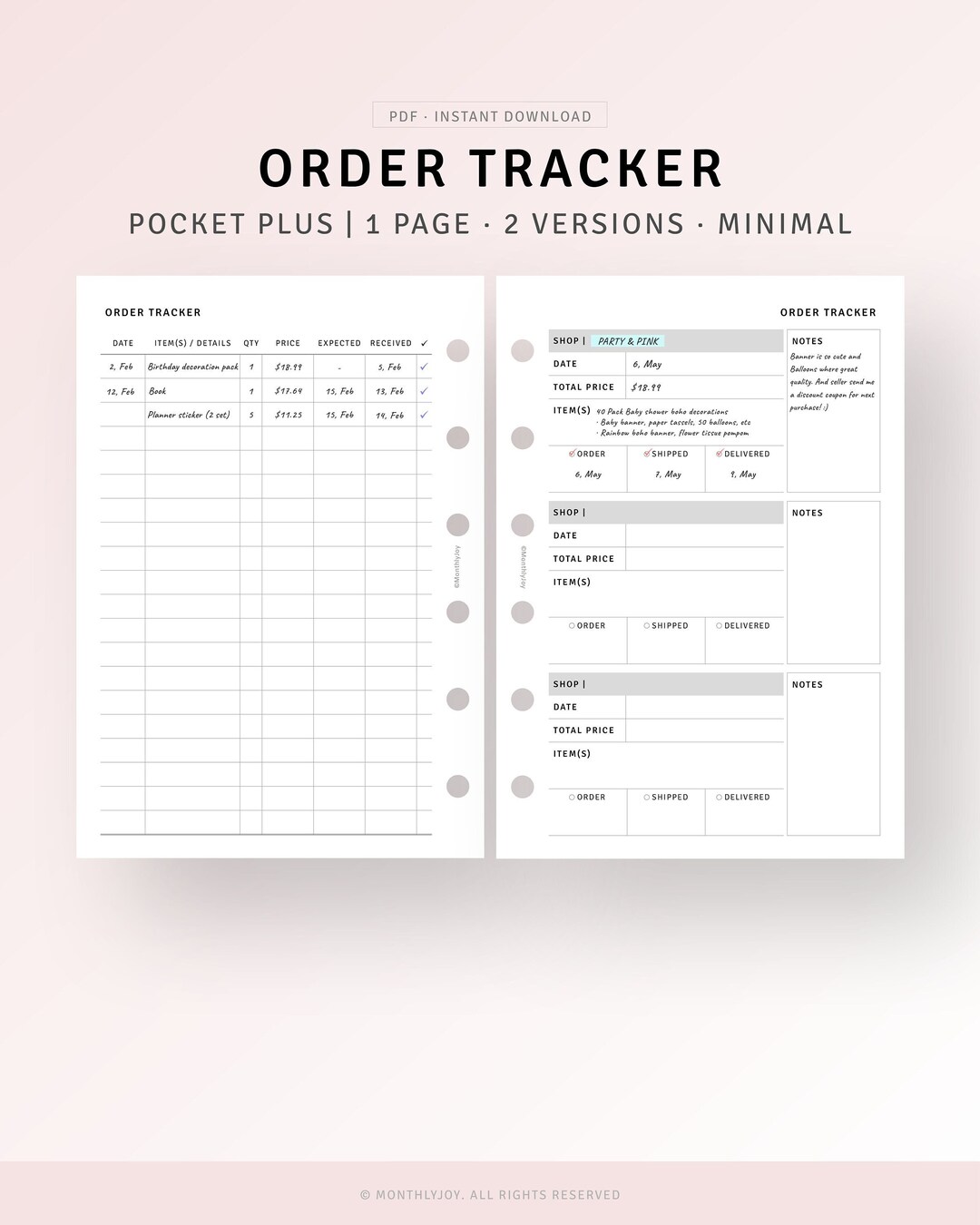 Order Tracker Printable Pocket Plus Planner Inserts, Online Shopping ...