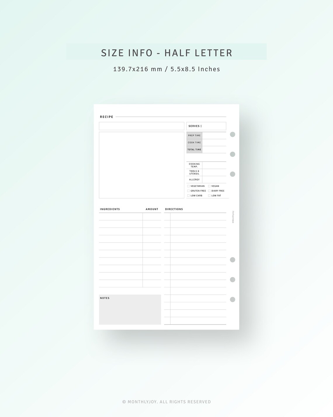 Recipe Planner Half Letter Printable Inserts Kitchen Recipe - Etsy