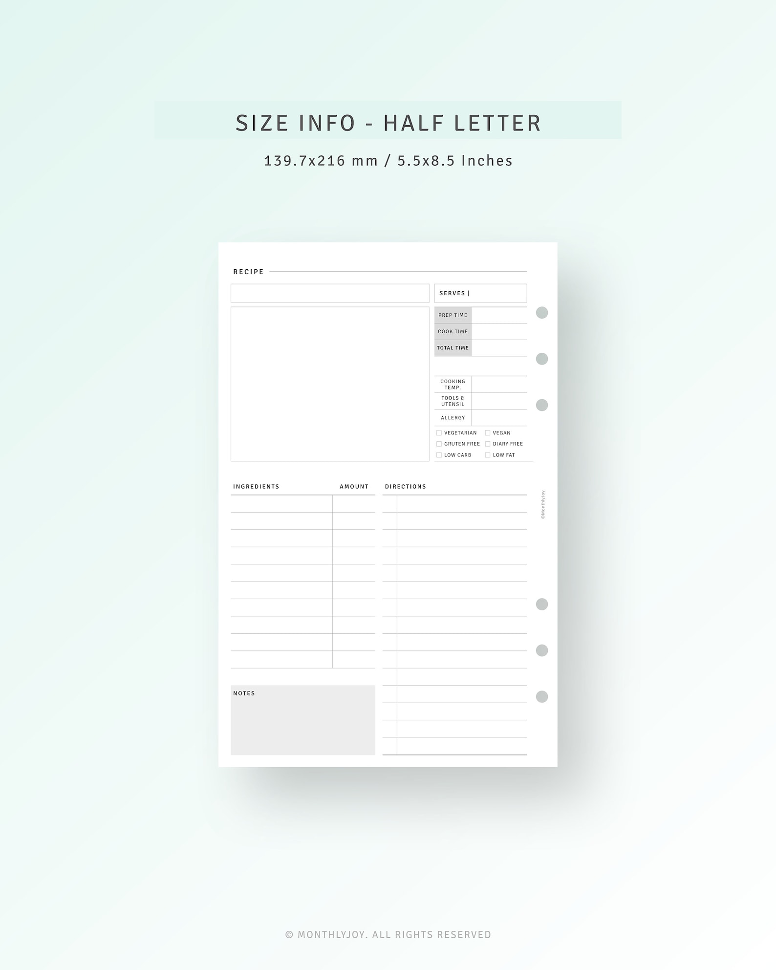 Recipe Planner Half Letter Printable Inserts Kitchen Recipe - Etsy