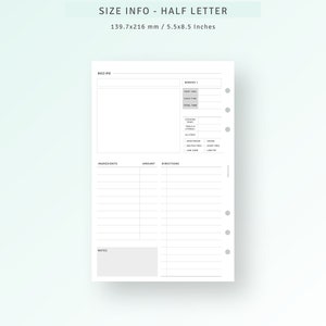 Recipe Planner Half Letter Printable Inserts Kitchen Recipe - Etsy