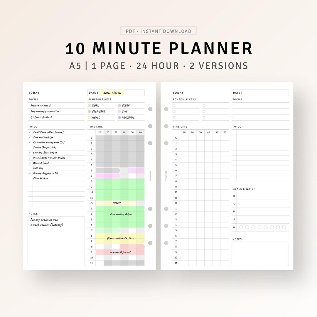 10 Minute Planner Printable A5 Size Daily Hourly Planner for ...