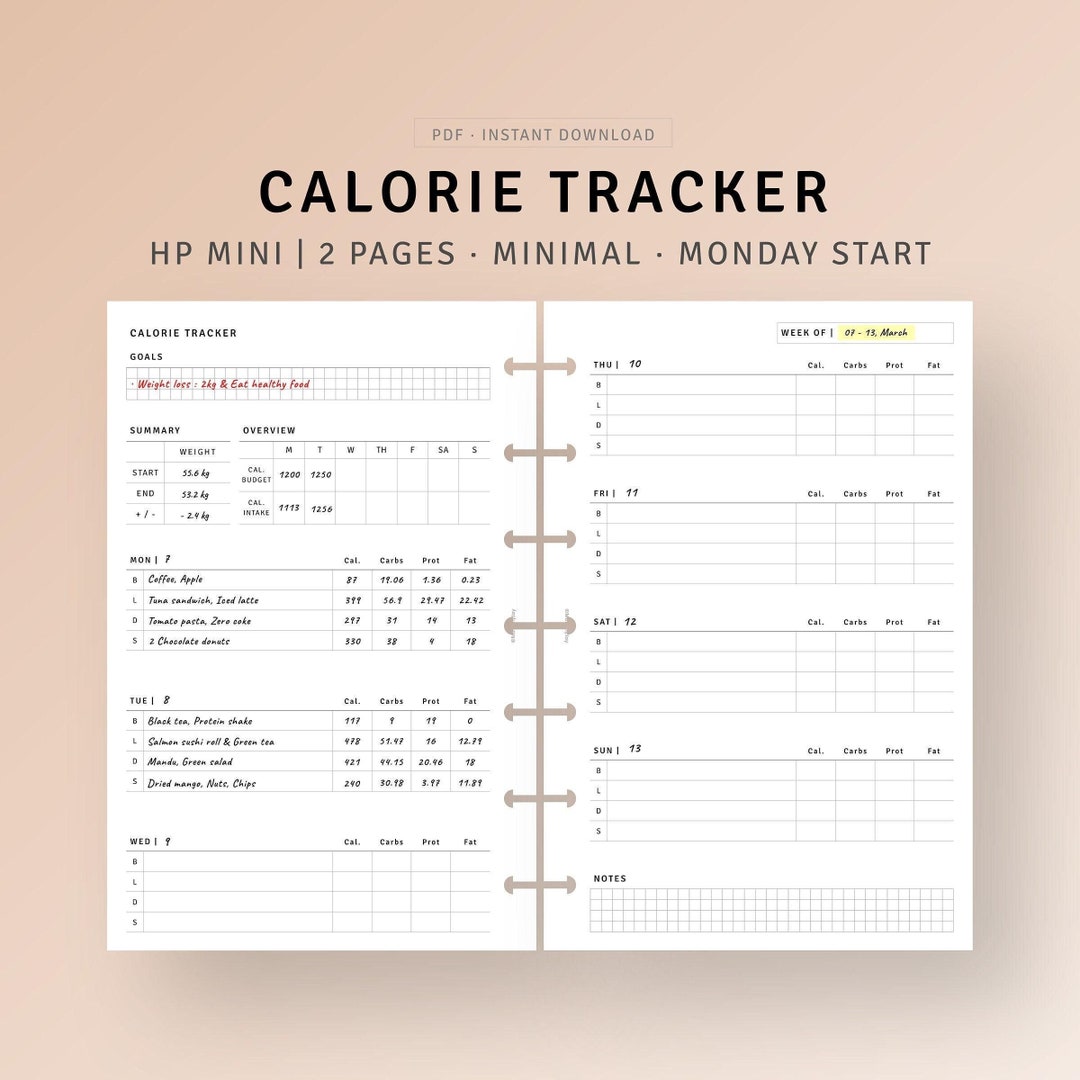 Daily Calorie Tracker HP Mini Inserts Printable Food Diary Journal ...