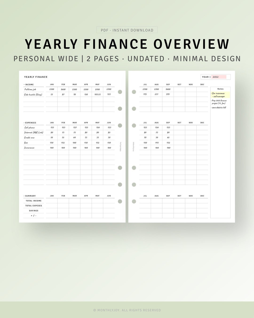 Yearly Finance Overview Sheet Printable Personal Wide Inserts, Money ...