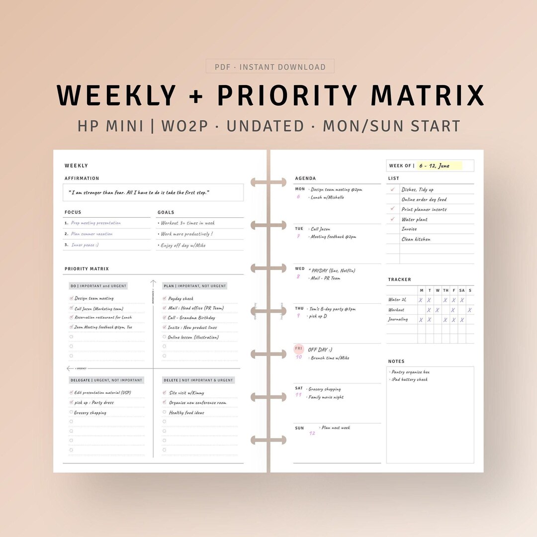 Weekly Planner + Priority Matrix HP Mini Inserts Printable Agenda ...