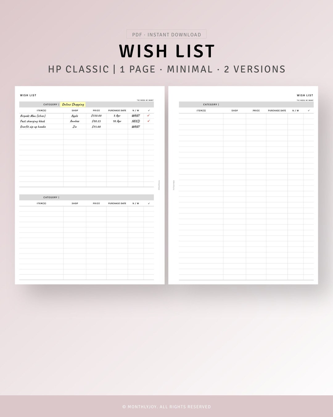Wish List Tracker Printable HP Classic Ring Shopping List - Etsy