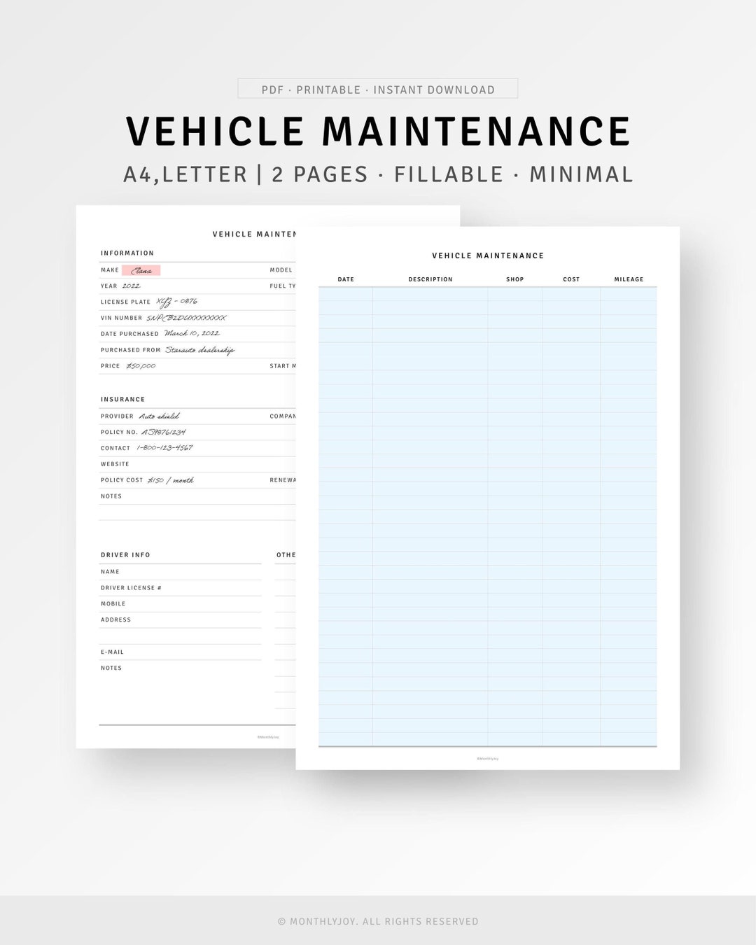 Car Maintenance Sheet A4/letter Size Printable Auto Mileage Log Journal ...