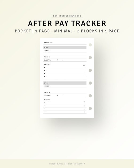 After Pay Tracker Printable Pocket Size Inserts Payment | Etsy