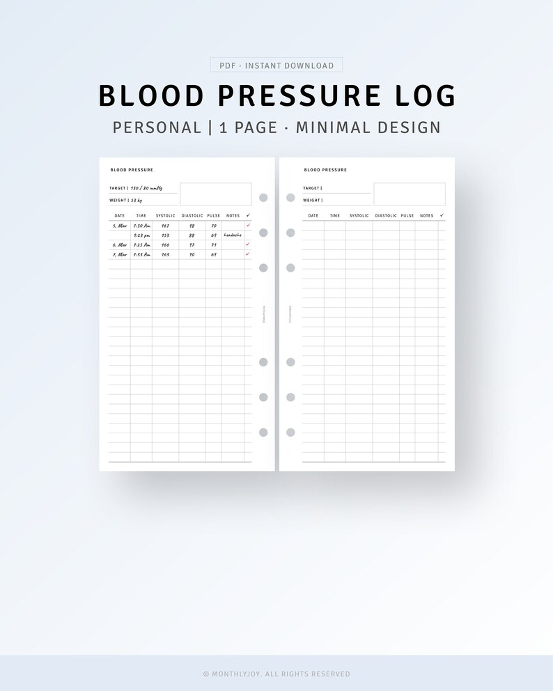 Personal Blood Pressure Log Printable Daily Blood Pressure - Etsy