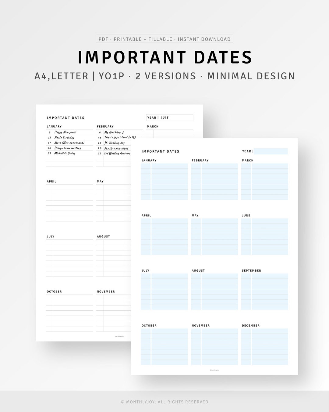 Yearly Important Dates Printable A4/letter Inserts, Birthday Parties ...