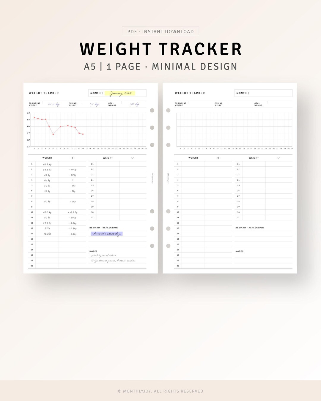 Weight Loss Template Printable A5 Inserts, Pounds Lost Chart, Diet ...