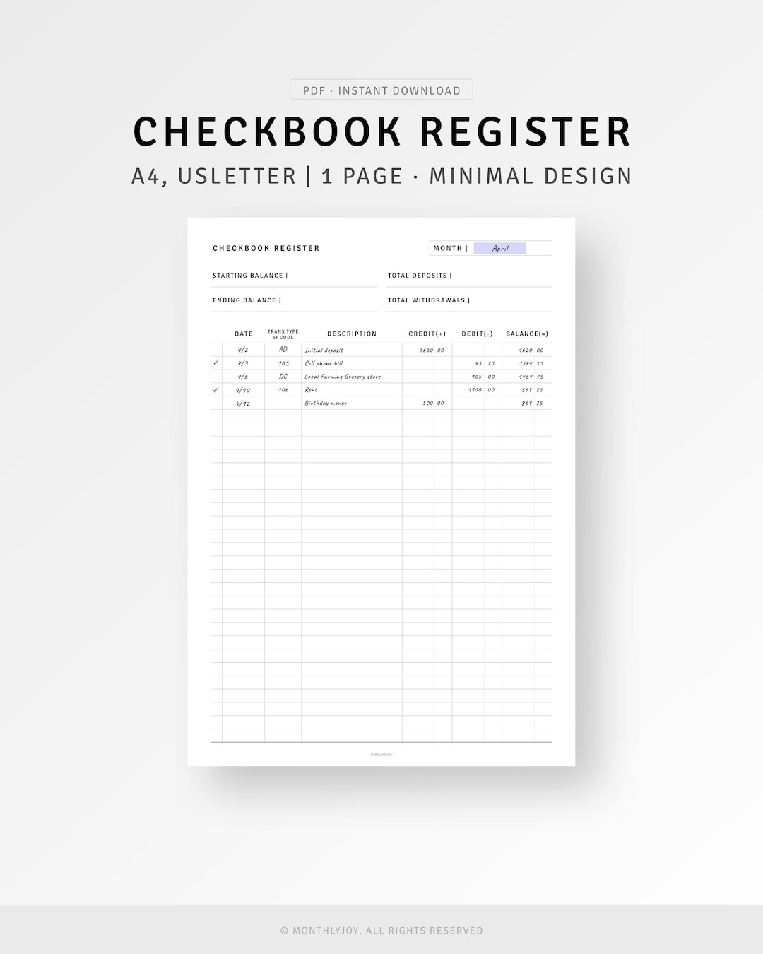 Checkbook Register Printable A4/letter Inserts, Spending Tracker ...