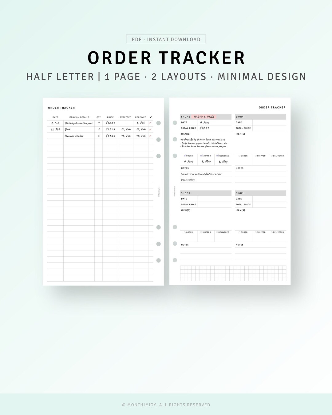 Online Order Tracker Printable Half-letter Inserts, Shopping Tracker ...