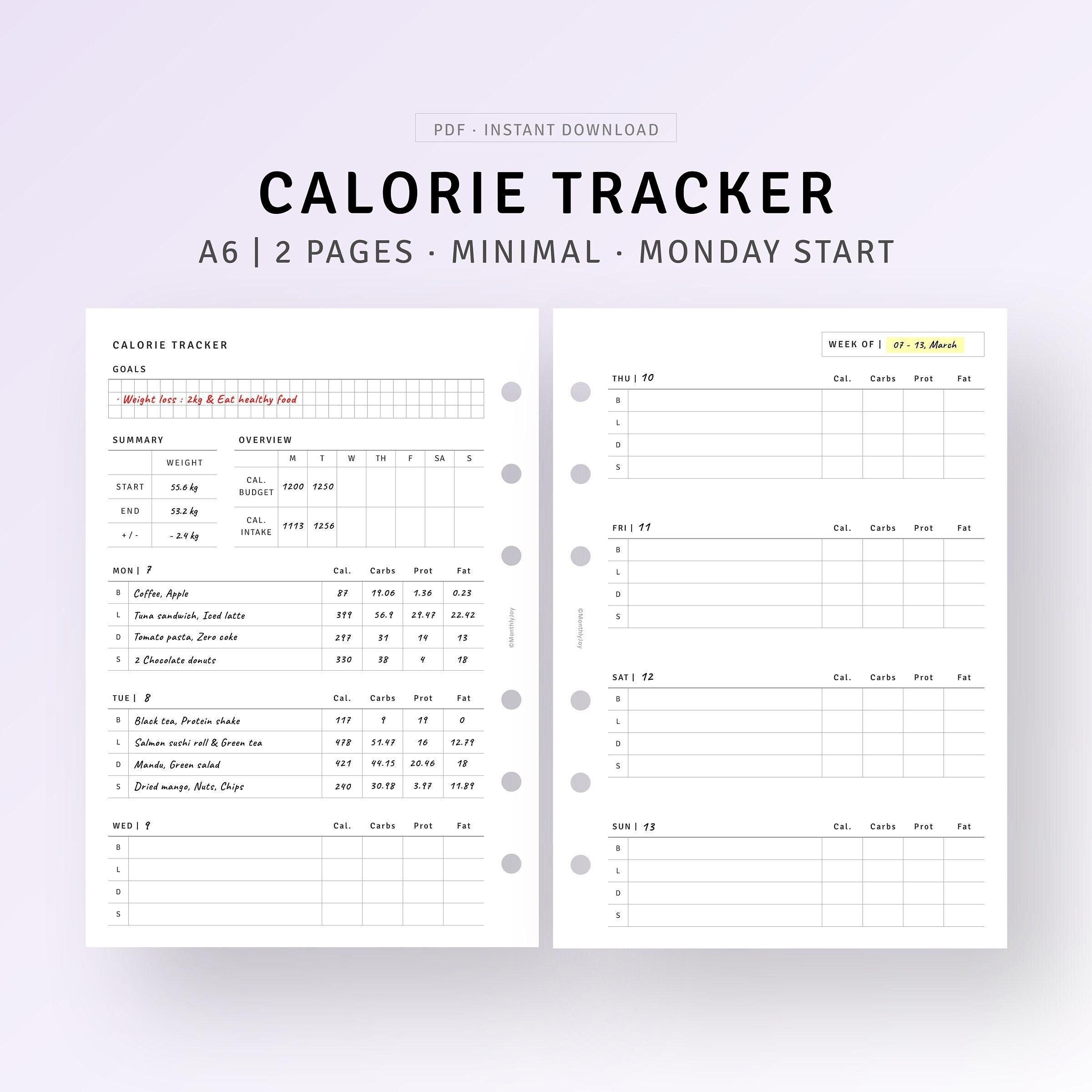 Calorie Tracker A6 Inserts Printable Food Diary Journal Template, Daily ...