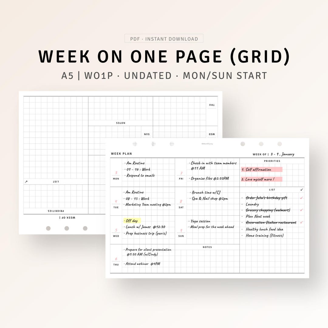 A5 Size, Week on One Page Printable Undated Weekly Planner Pages PDF ...