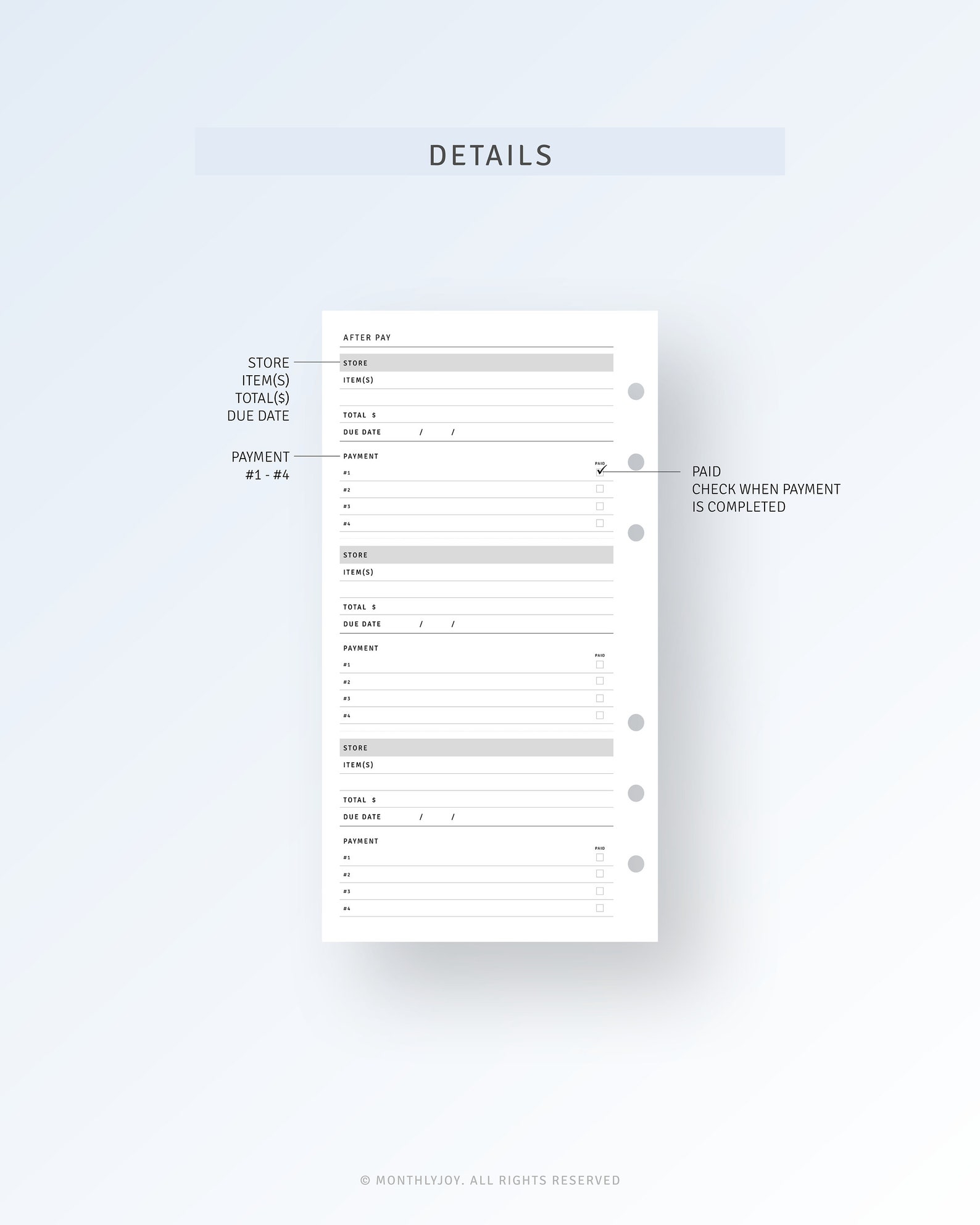 After Pay Tracker Printable Personal Ring Inserts Payment - Etsy