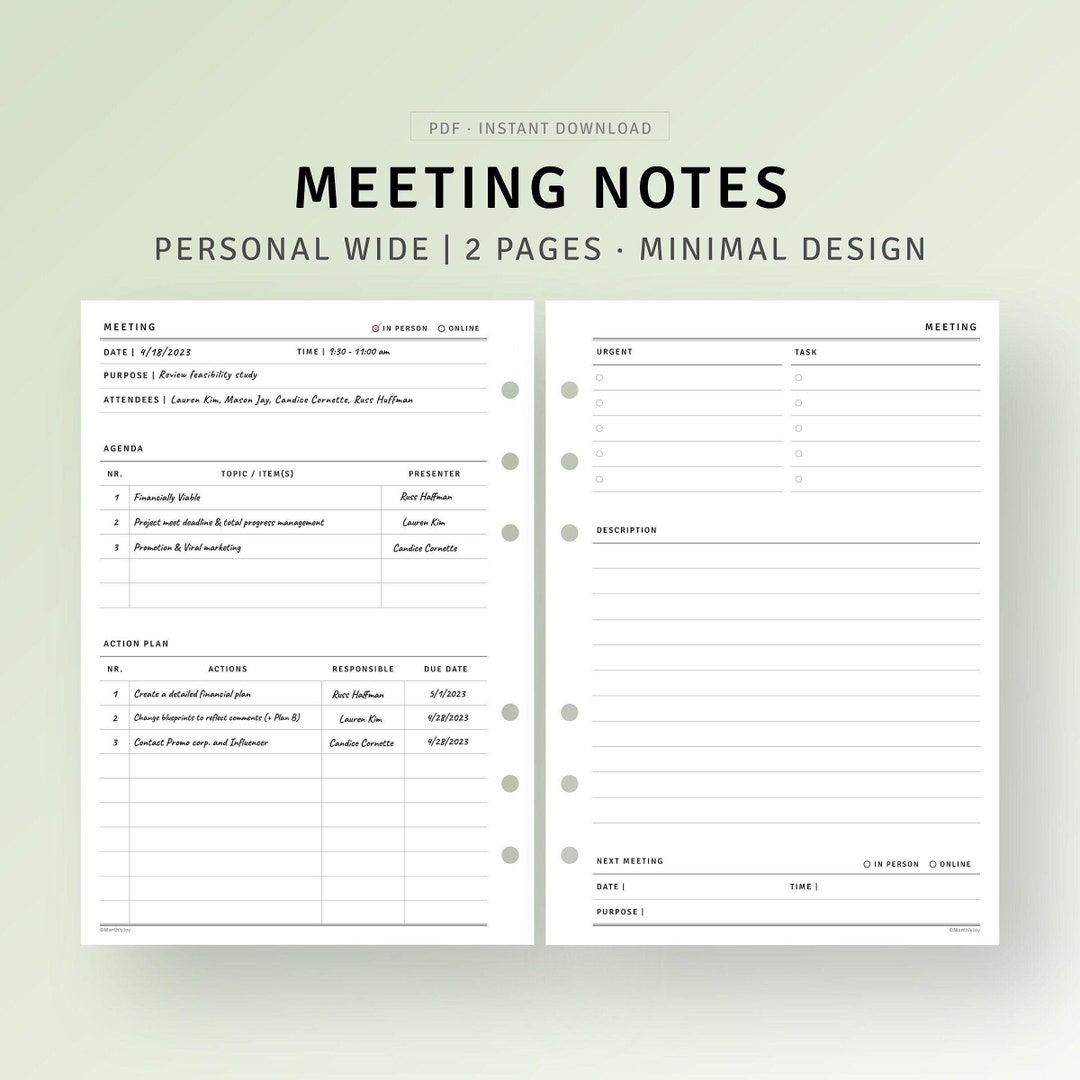 Meeting Minutes Printable Personal Wide Inserts, Business Planner for ...