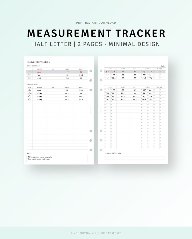 Body Measurement Printable Half-letter Inserts Diet Health - Etsy