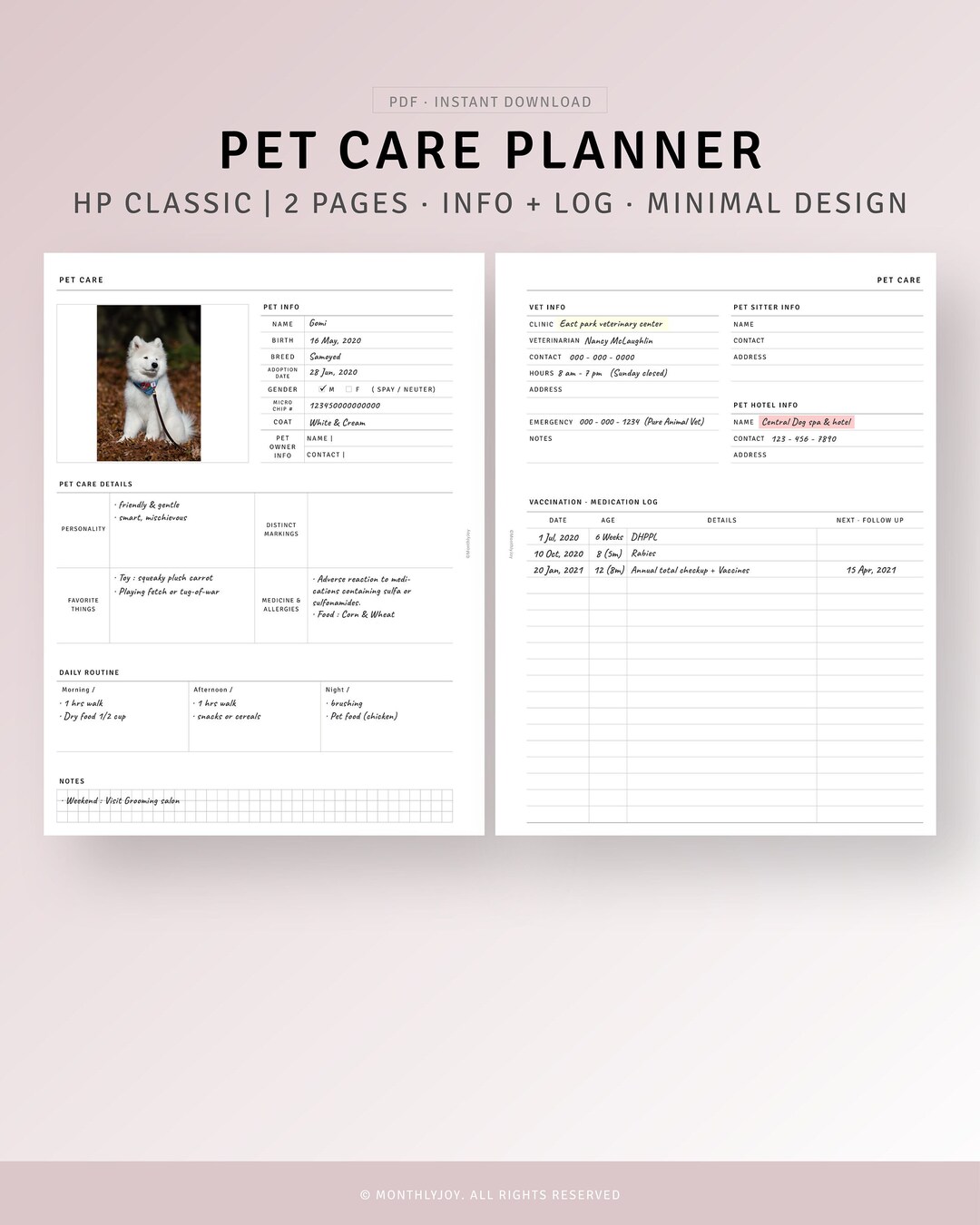 Printable Pet Care Organizer HP Classic Ring, Puppy Health Records, Dog ...