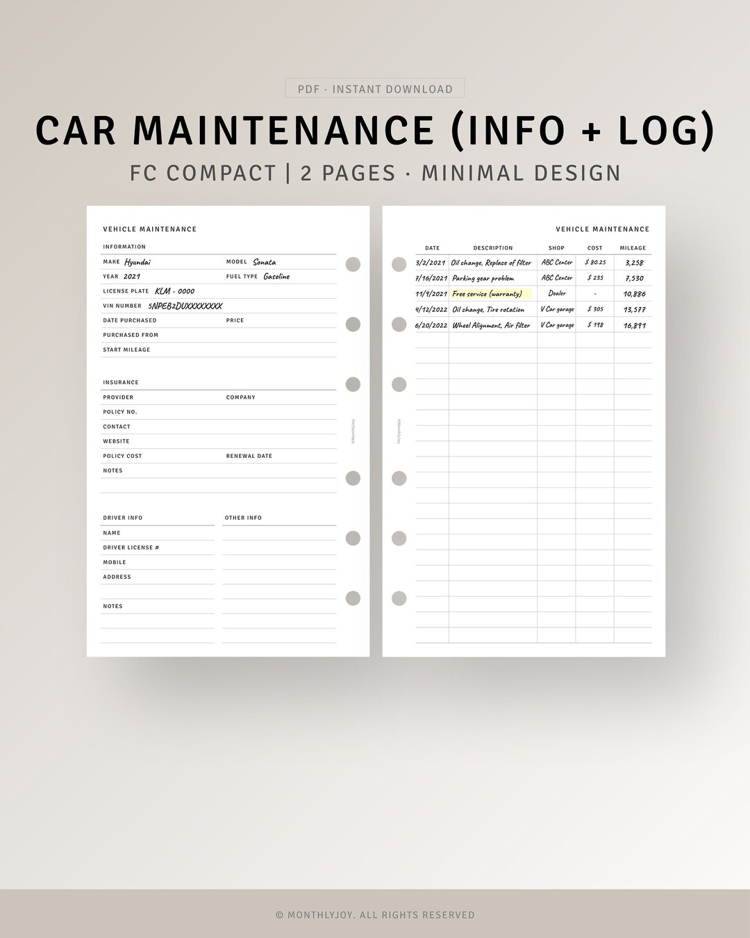 Car Maintenance Log FC Compact Inserts Printable, Vehicle Service ...