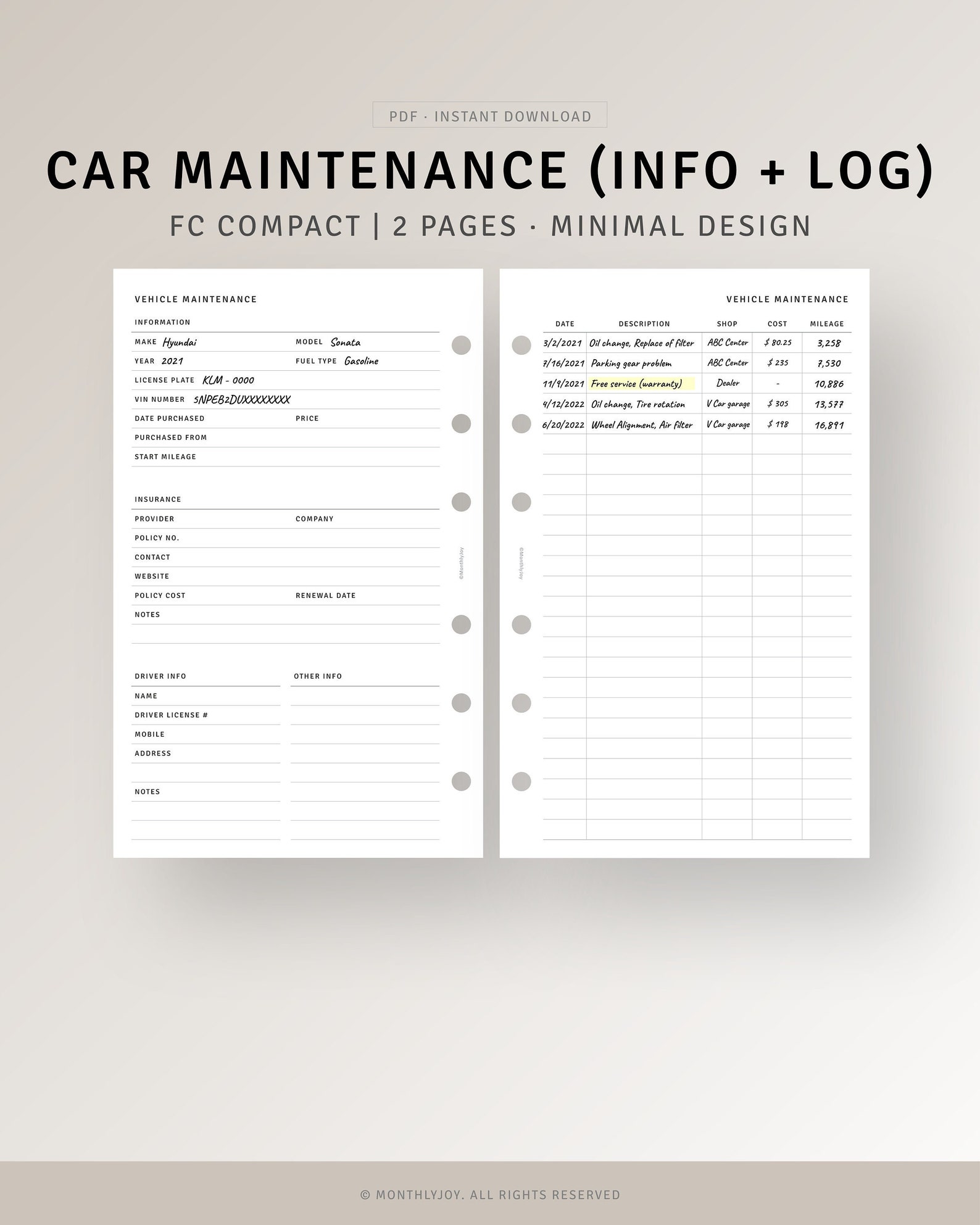 Car Maintenance Log FC Compact Inserts Printable, Vehicle Service ...