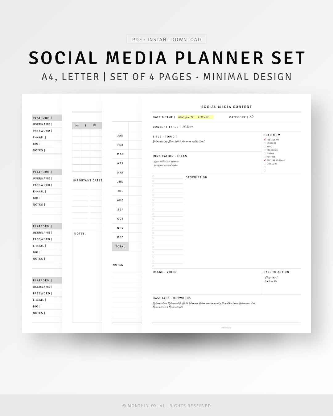 Social Media Planner A4/letter Printable, Instagram Youtube Content ...