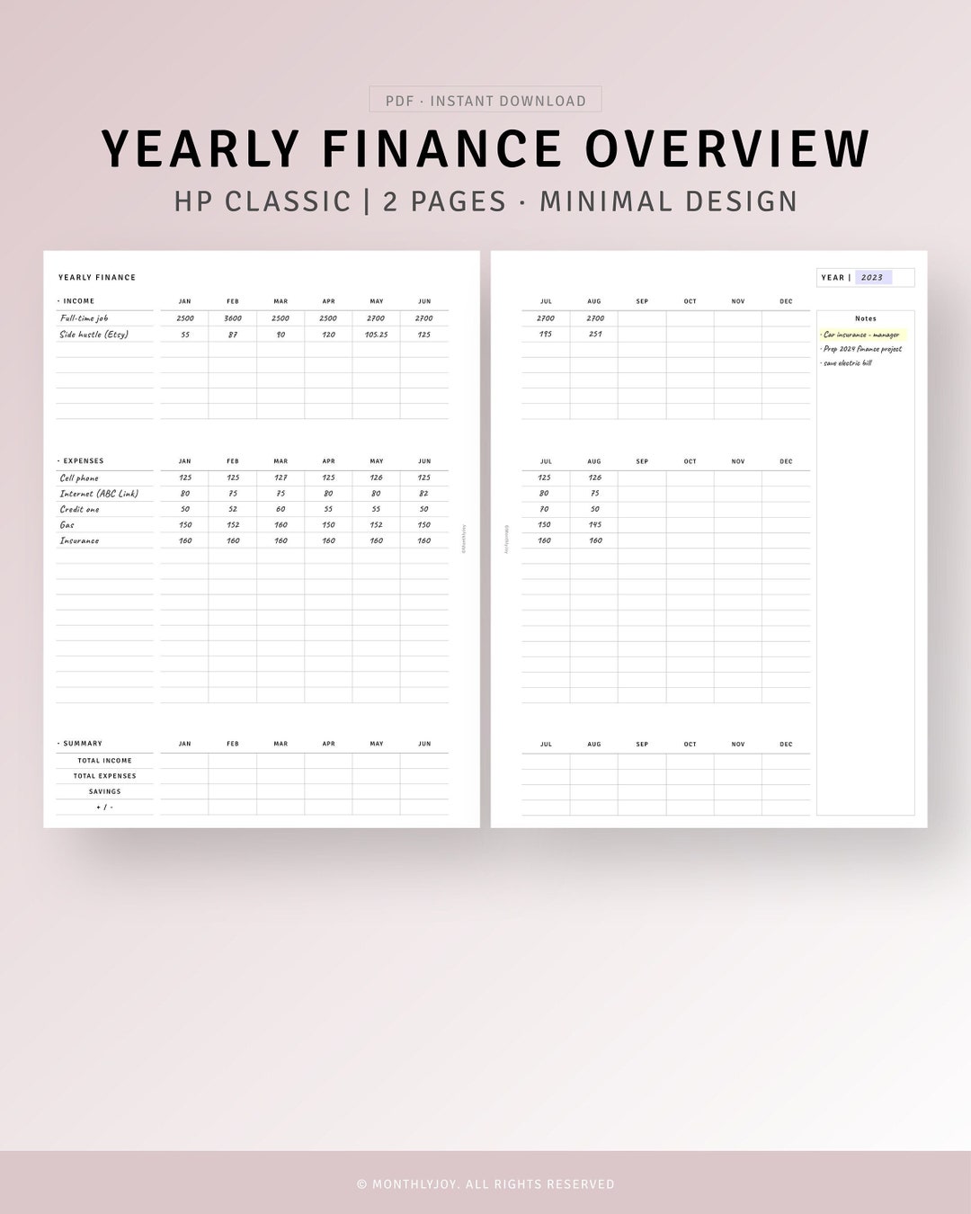 HP Classic, Year Finance Overview Template Printable Income Expense ...