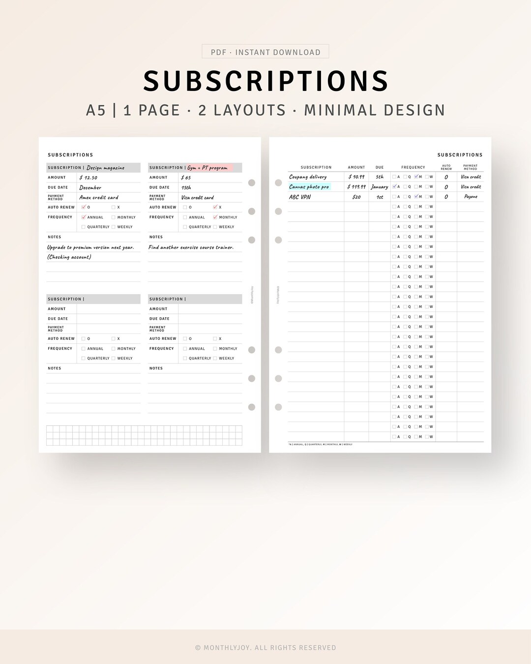 Subscription Tracker A5 Printable Planner Inserts, Membership Log ...