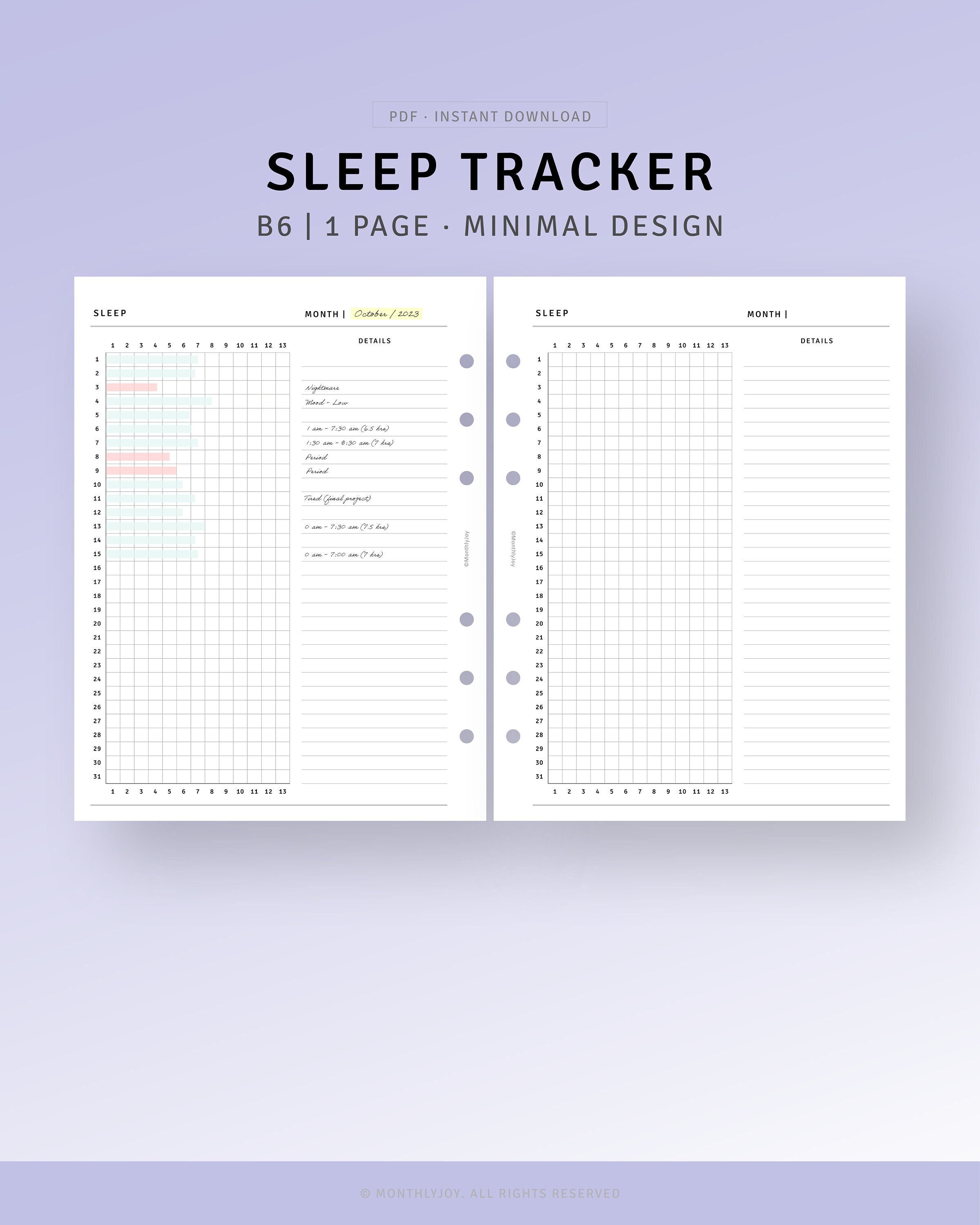 B6, Sleep Tracker Inserts Printable Sleep Circle Diary Template, Health ...