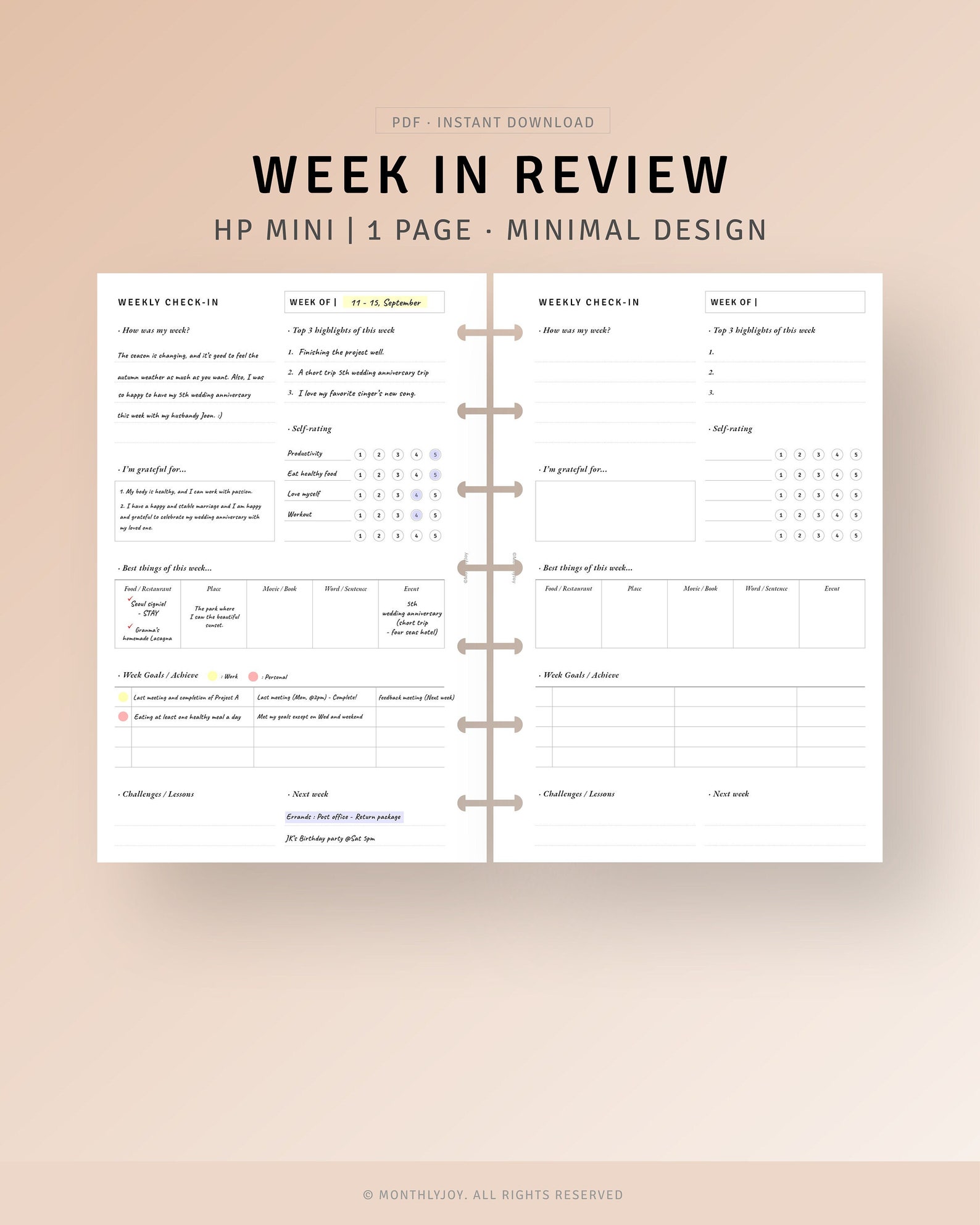 Weekly Reflection Journal Printable HP Mini Inserts, Weekly Review ...
