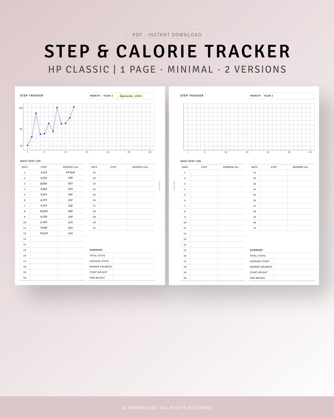 Walking Log Printable HP Classic Size Inserts, Diet Step Tracker, Cardio Workout Journal, Pdf ...
