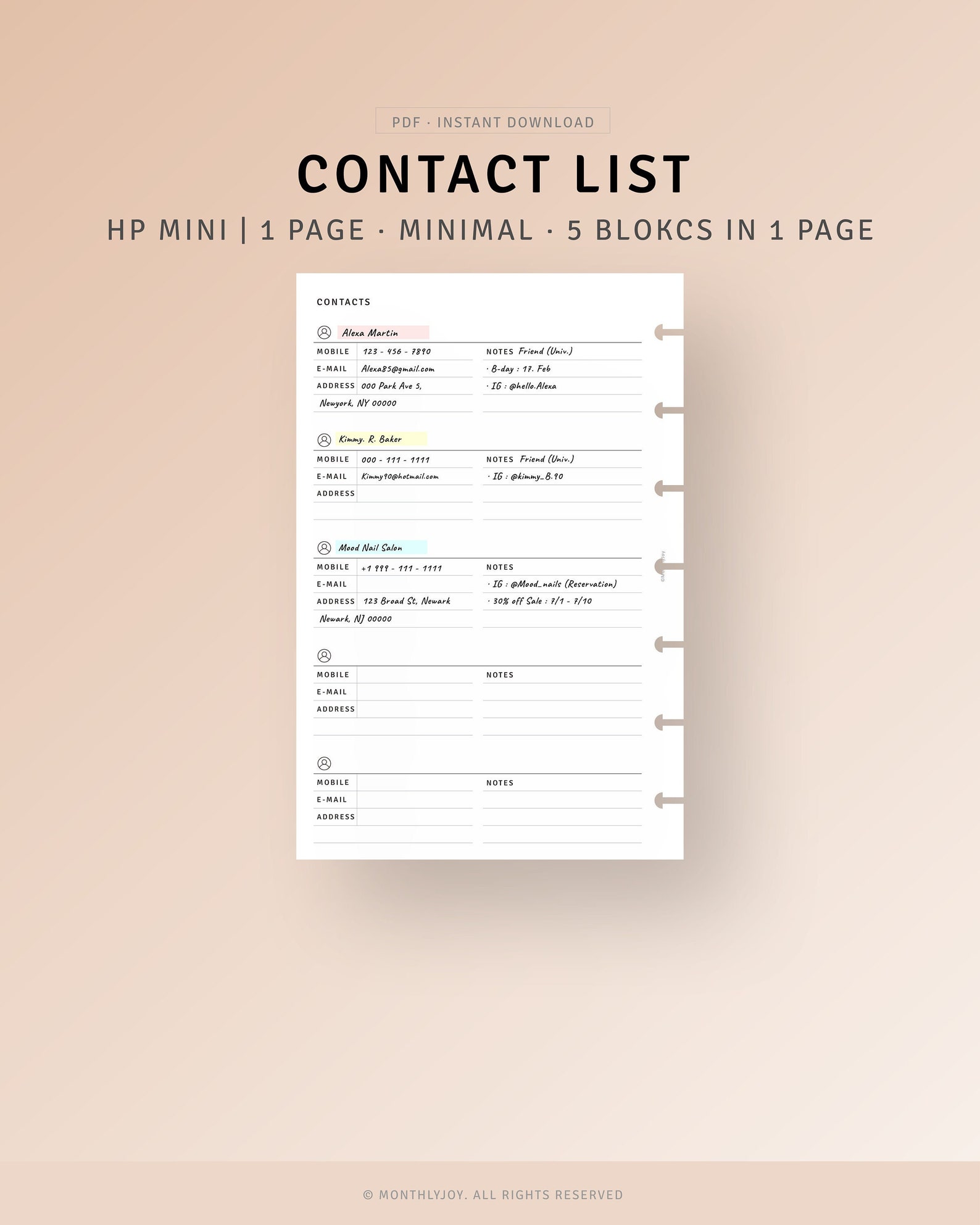 HP Mini Contacts List Template Printable Emergency Contact - Etsy