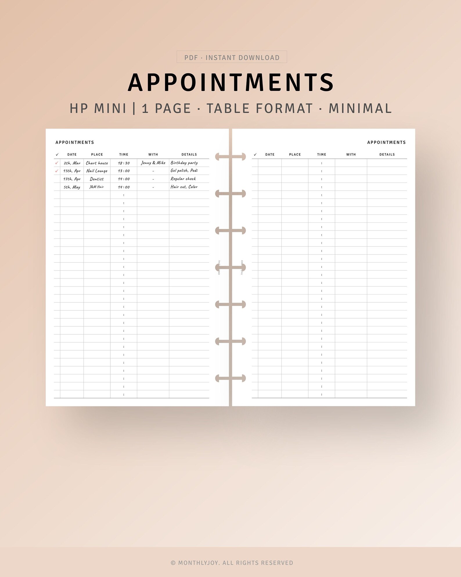 Appointments Tracker Printable Happy Planner Mini Inserts - Etsy