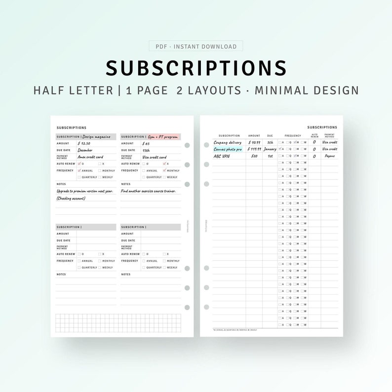 Subscription Tracker Printable Half Size Inserts, Membership Checklist ...