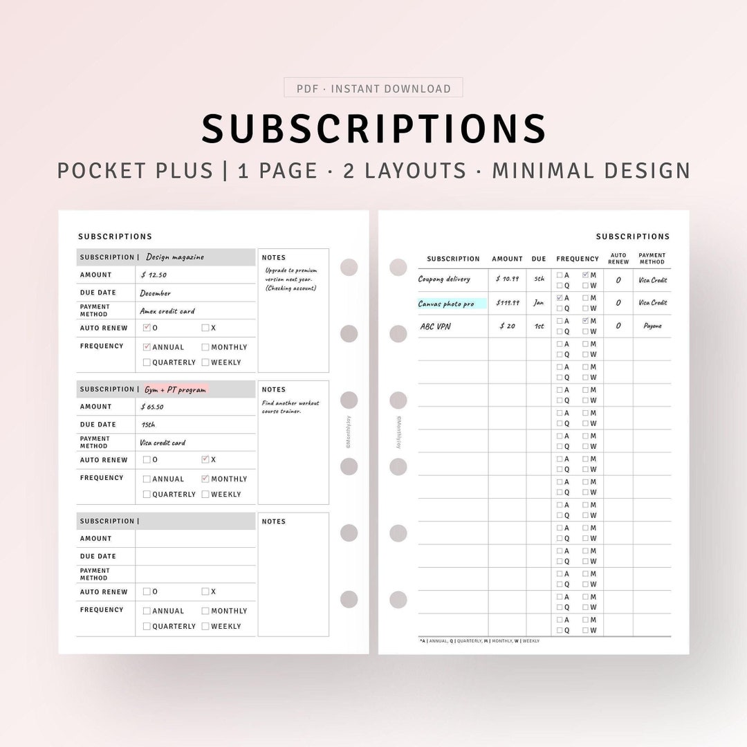 Subscription Tracker Pocket Plus Printable Inserts, Membership Payment ...