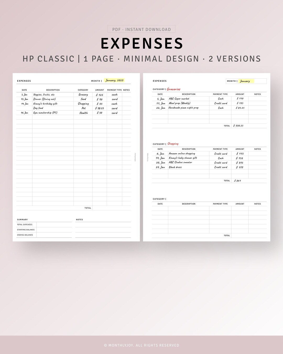 Expense Tracker HP Classic Printable Monthly Spending List, Bill ...