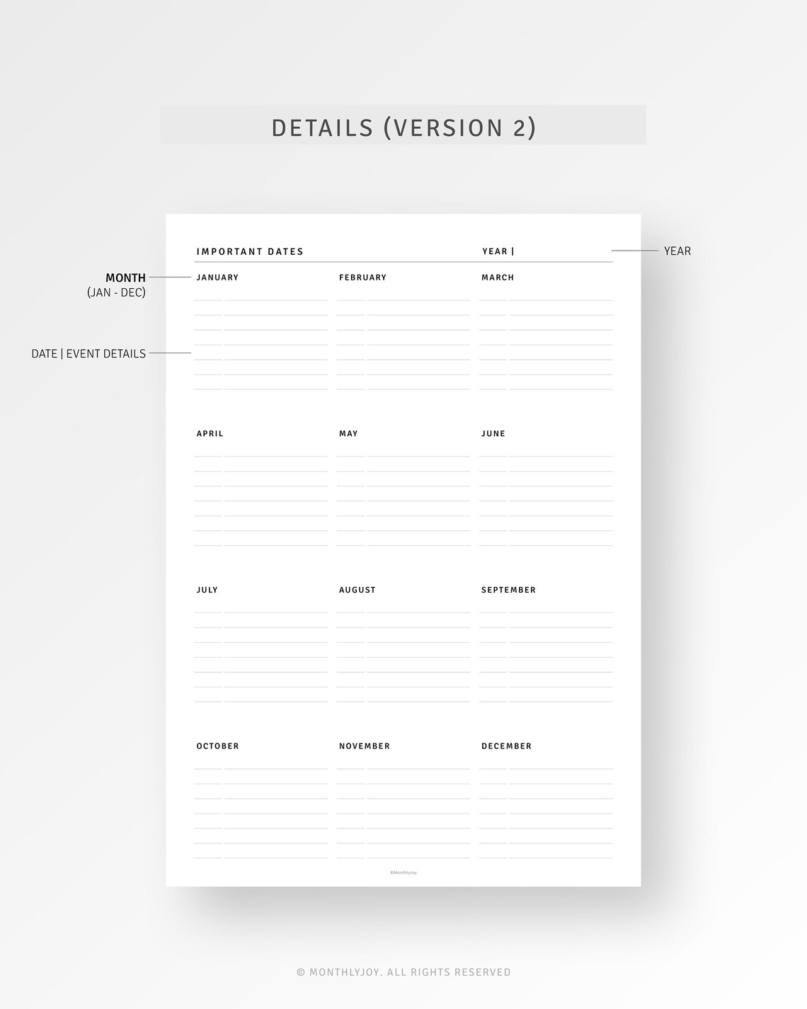 Yearly Important Dates Printable A4/letter Inserts, Fillable Year at A ...