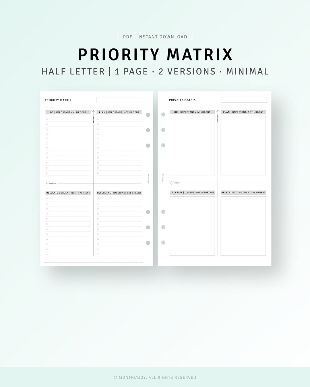 Priority Matrix Printable Half Size Inserts, Decision Matrix Template ...