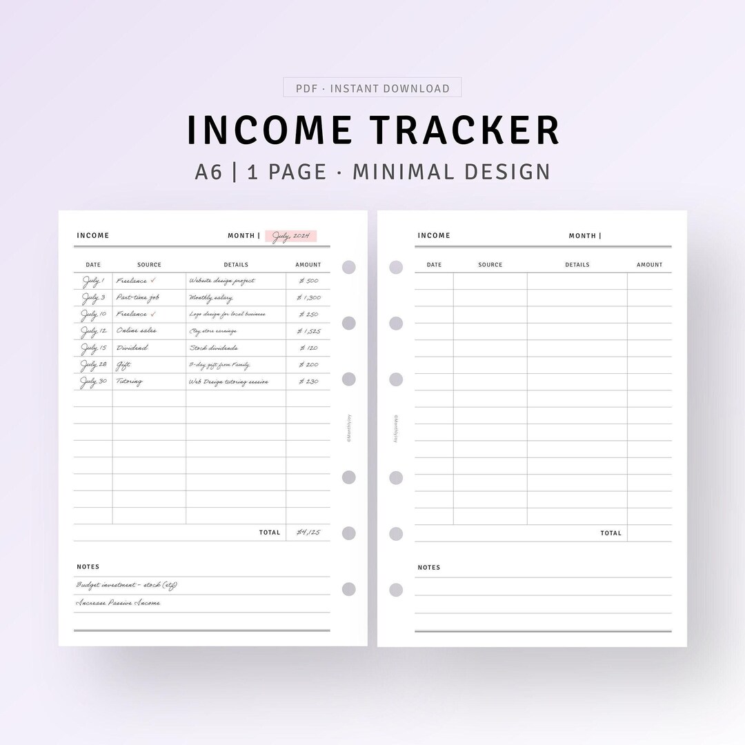 Income Tracker Printable A6 Ring Monthly Income Log, Personal Finance ...