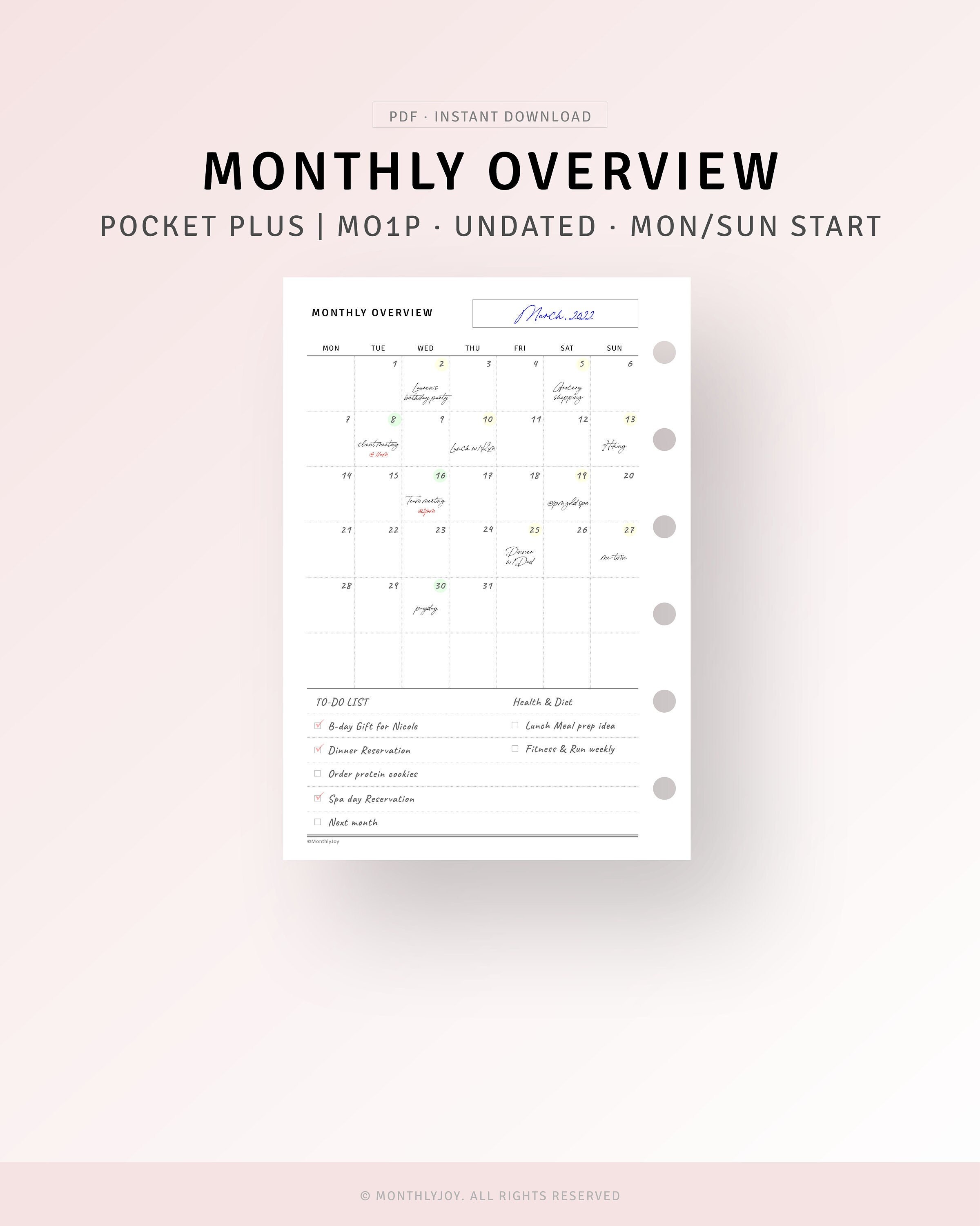 Monthly Overview Planner Printable Pocket Plus Inserts MO1P - Etsy