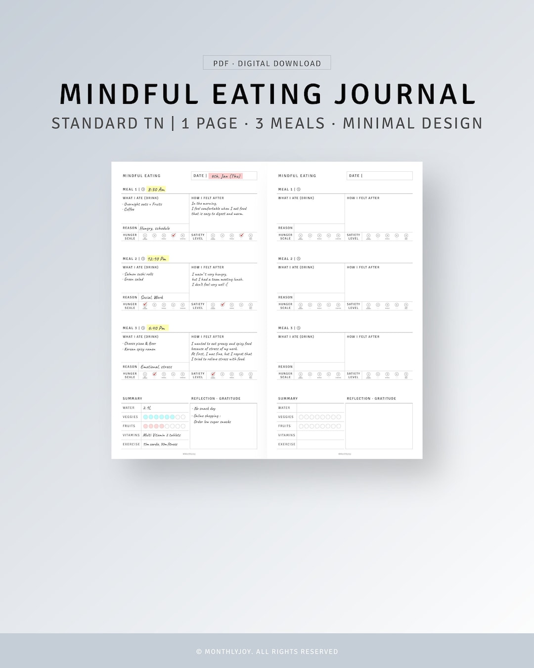 Mindful Eating Food Journal Standard TN Insert Printable, Food Log ...