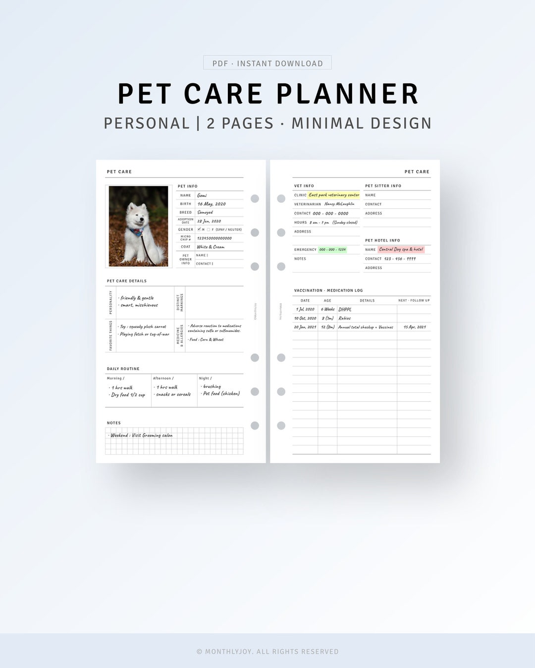 PERSONAL Pet Planner Printable Dog Care Tracker, Cat Lover Planner PDF ...