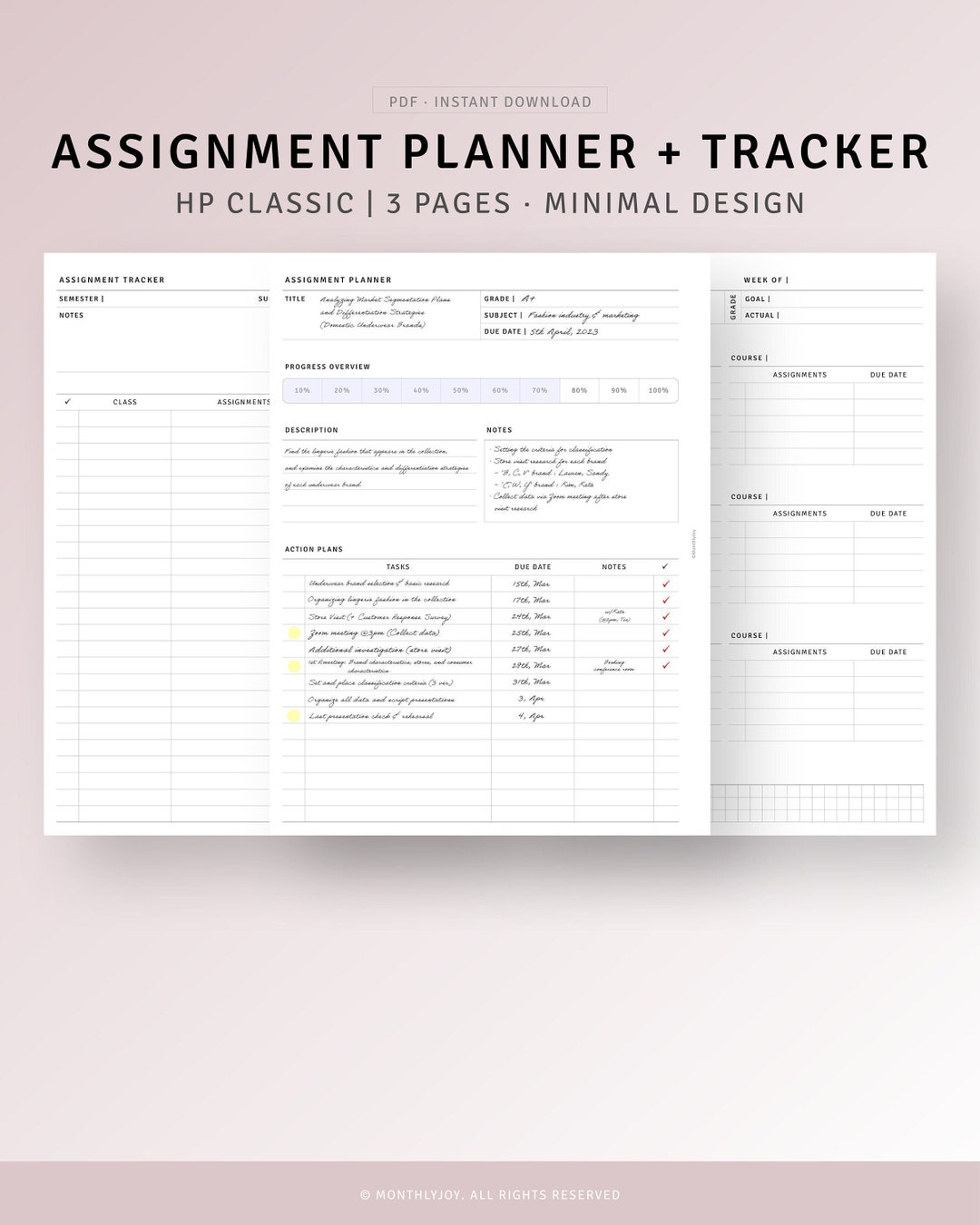 Assignment Planner Printable Homework Tracker for Student, College ...