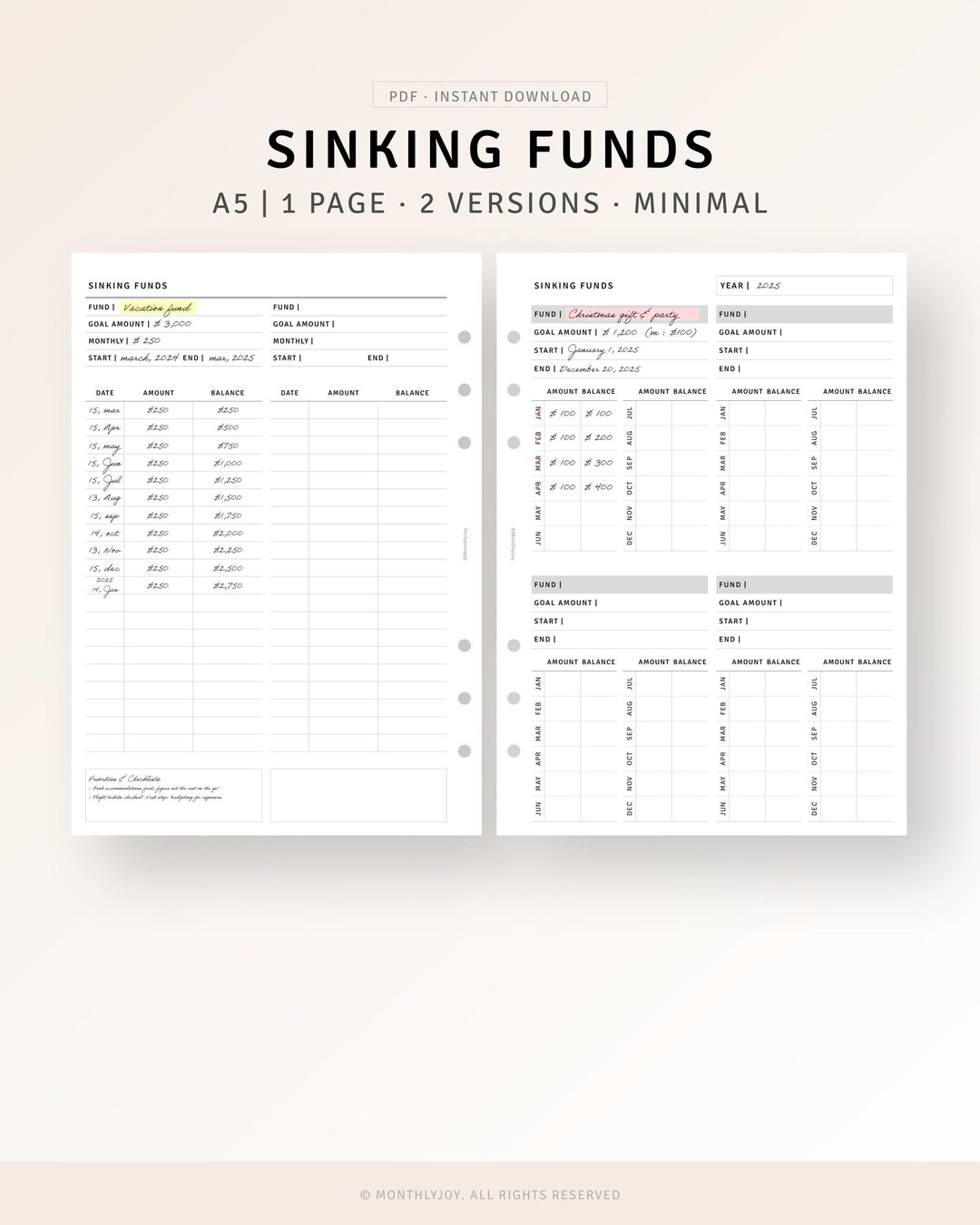 A5 Inserts, Sinking Funds Tracker Printable Savings Challenge Tracker for Wedding Vacation Car ...