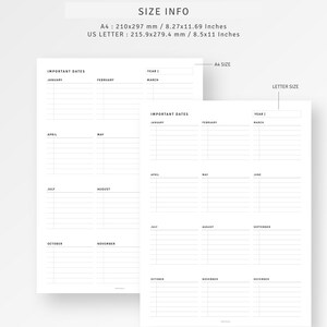Yearly Important Dates Printable A4/letter Inserts, Fillable Year at A ...
