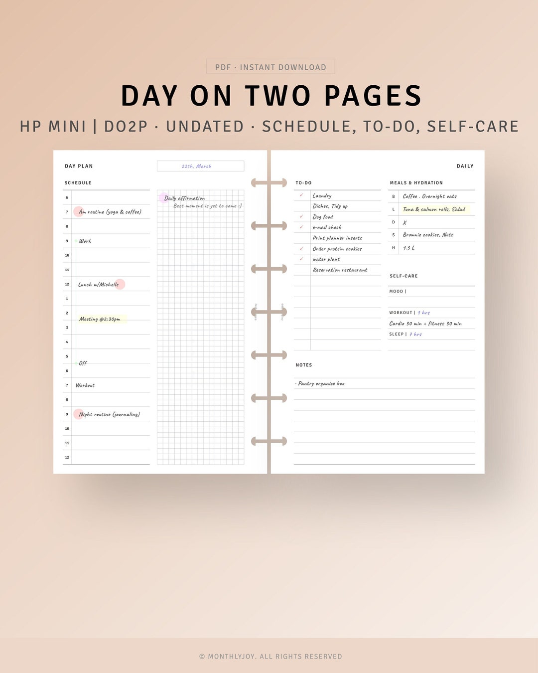 Day on 2 Pages HP Mini Printable Simple Daily Planner Pdf Template ...