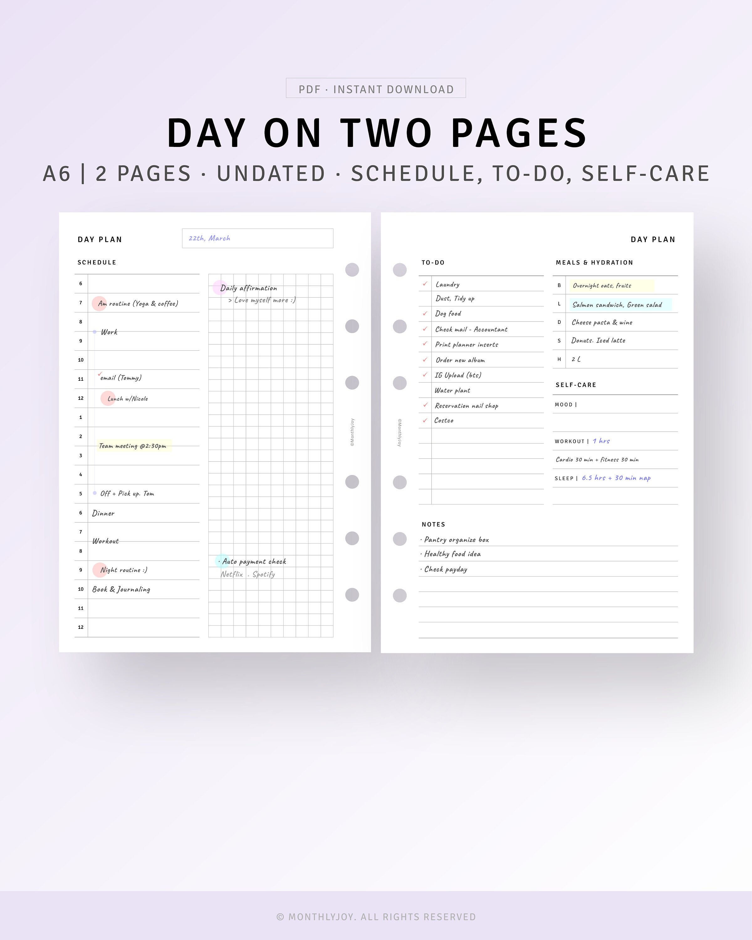 Day on 2 Pages Printable A6 Ring Undated Daily Planner Pdf - Etsy
