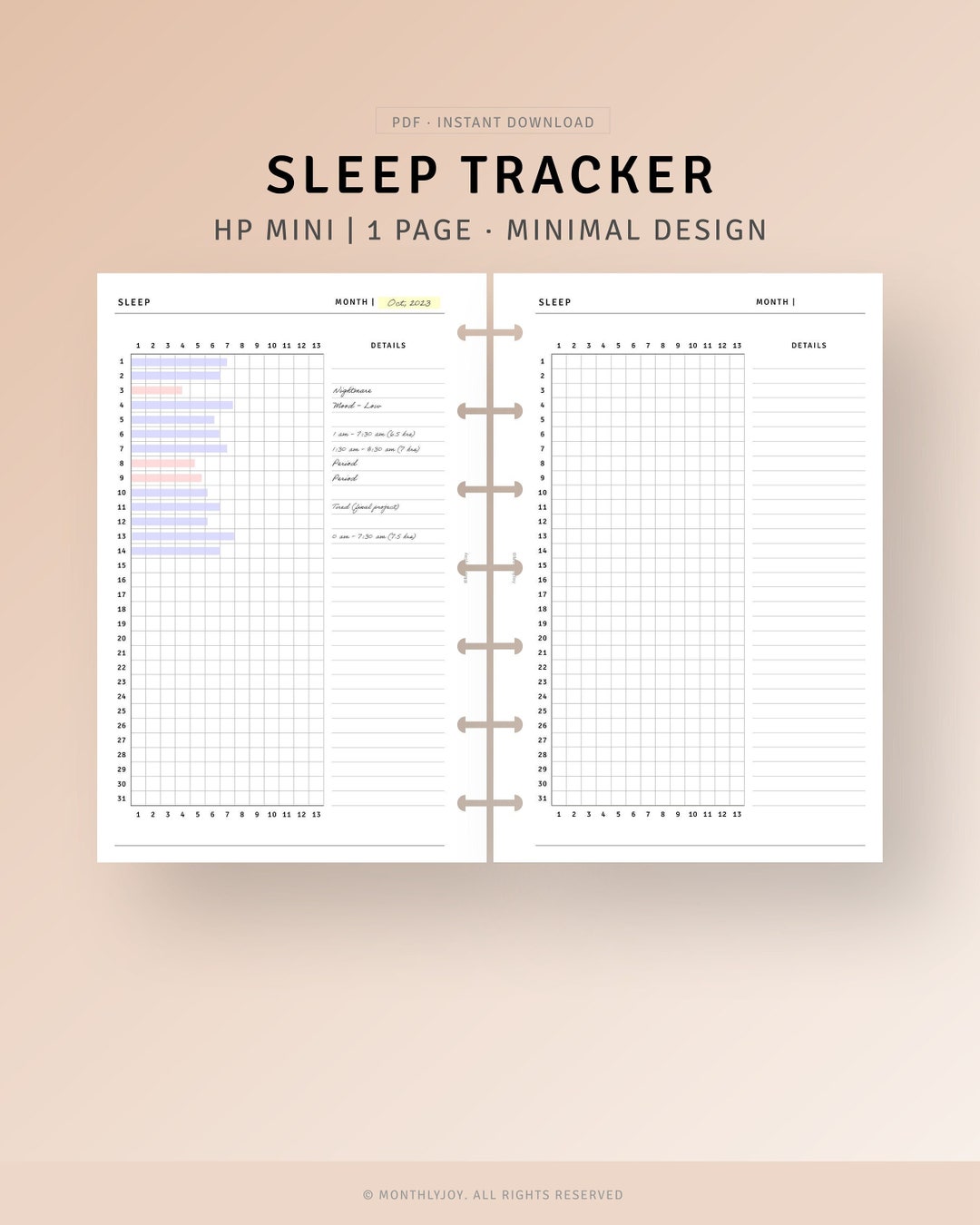 Sleep Tracker Inserts Printable HP Mini, Sleeping Log Chart, Monthly ...
