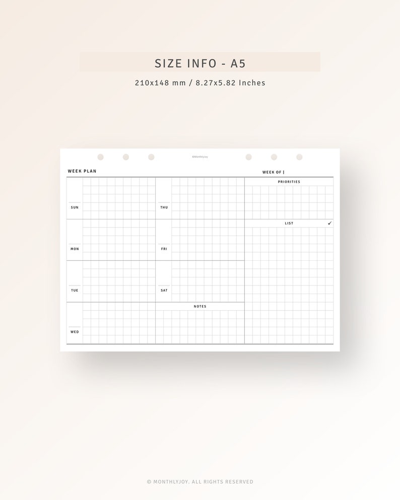 A5 Size Week on One Page Printable Weekly Planner Pages Pdf - Etsy