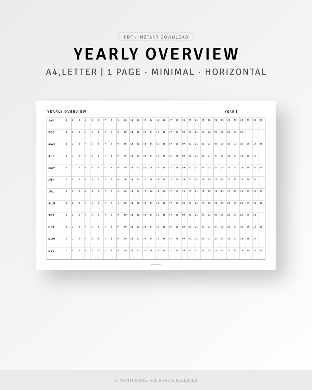 Year at A Glance A4/letter Size Planner Printable 1 Page Yearly Planner ...